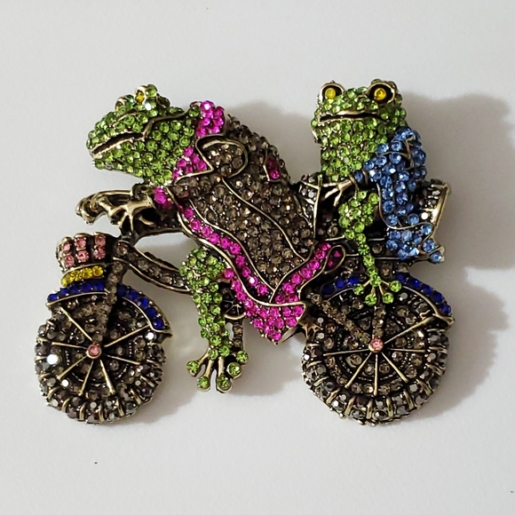 Jewelry | Frogs On A Bike Big Brooch Pin Crystals Sparkly Super Cute ...